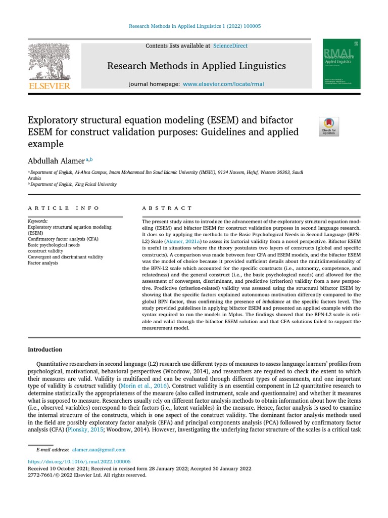 Exploratory Structural Equation Modeling ESEM and Bifactor ESEM For Construct Validation ...