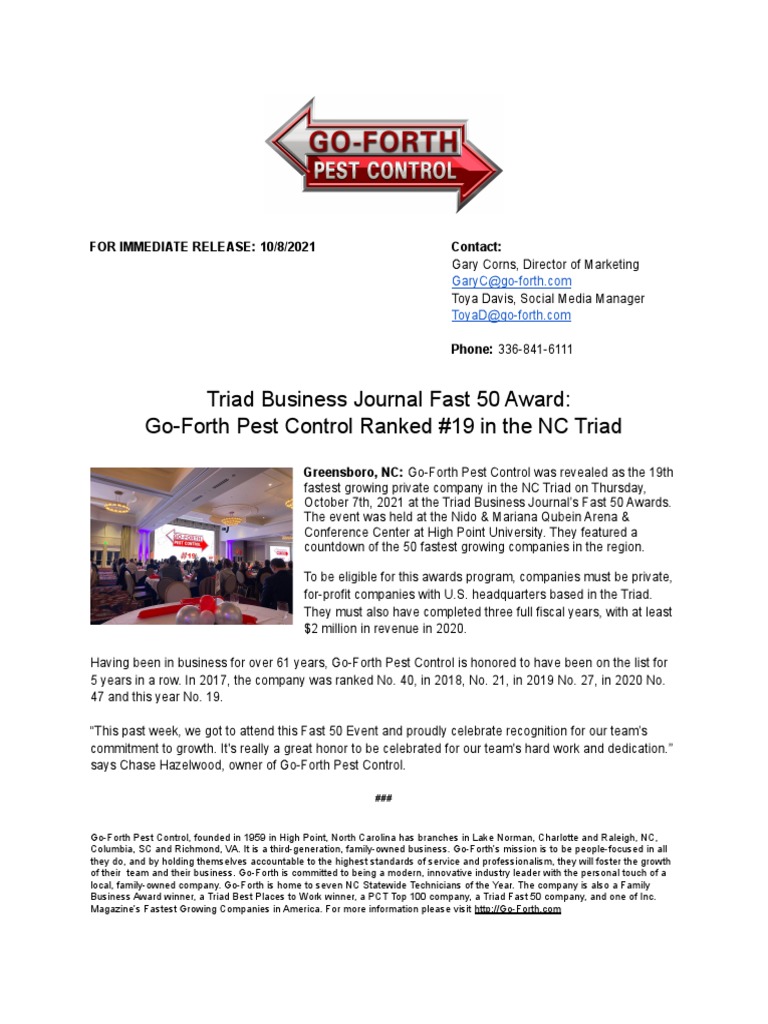Triad Business Journal Fast 50 Award Go-Forth Pest Control Ranked 19 in ...