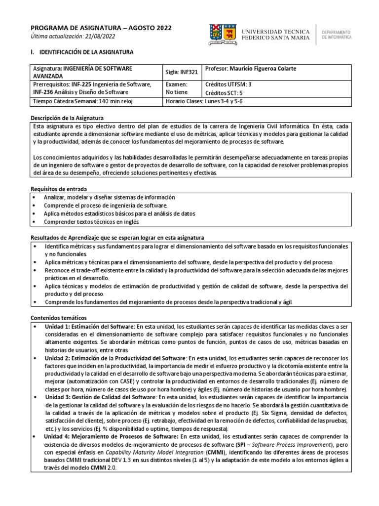 INF321 Syllabus2022 2.P01 | PDF | Software | Ingeniería de software