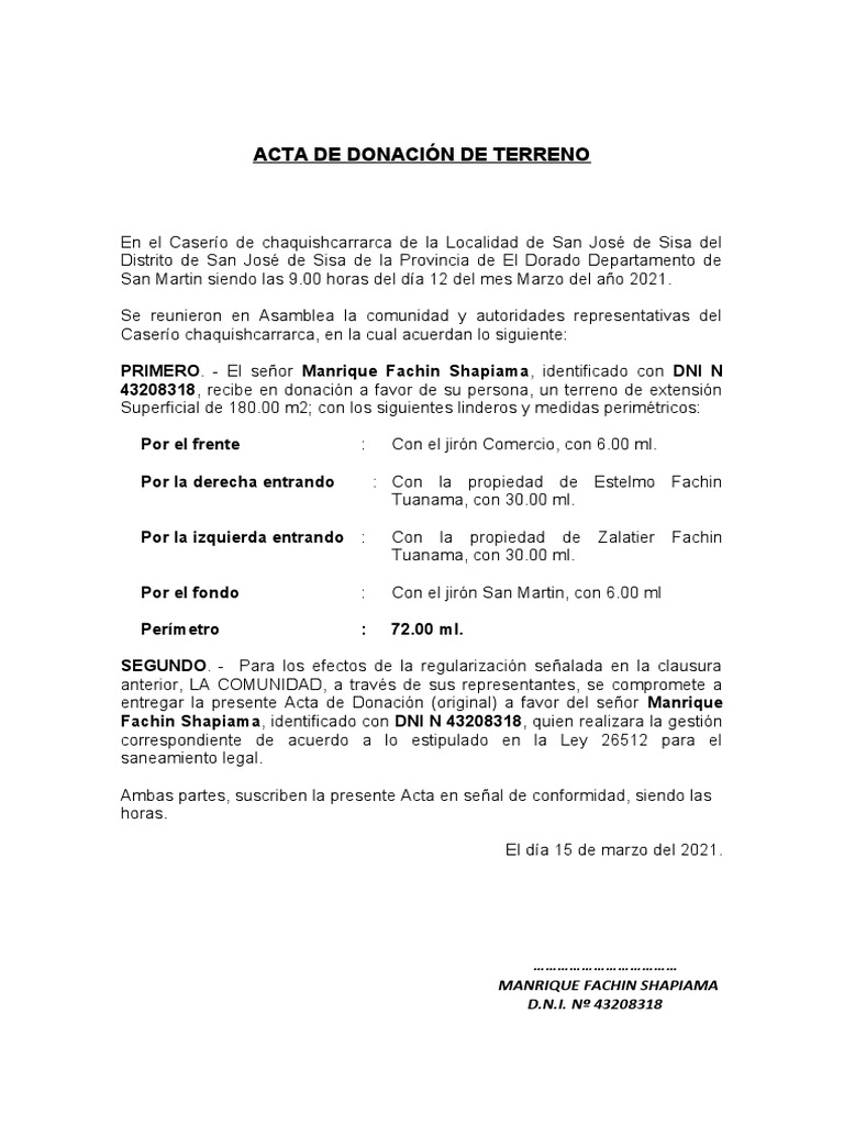 Acta de Donación de Terreno en San José | PDF