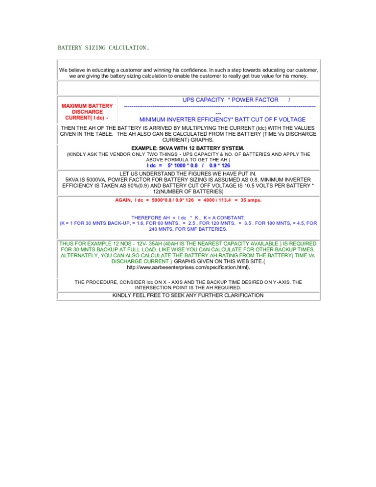 Battery Sizing Calculation | PDF | Technology & Engineering