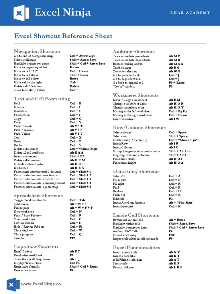 Excel Ninja Shortcuts Doc v07 | PDF | Microsoft Excel | Computer Science