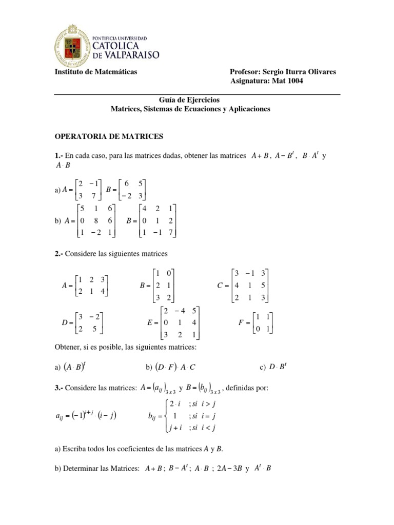 Ejercicios Control 1 y Prueba 1 Matrices, Sistemas de Ecuaciones y ...