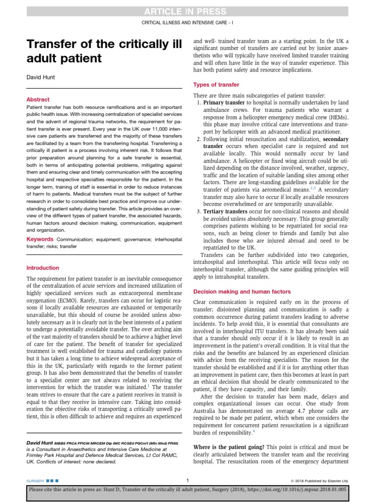 Transfer of The Critically Ill Adult Patient | Download Free PDF ...