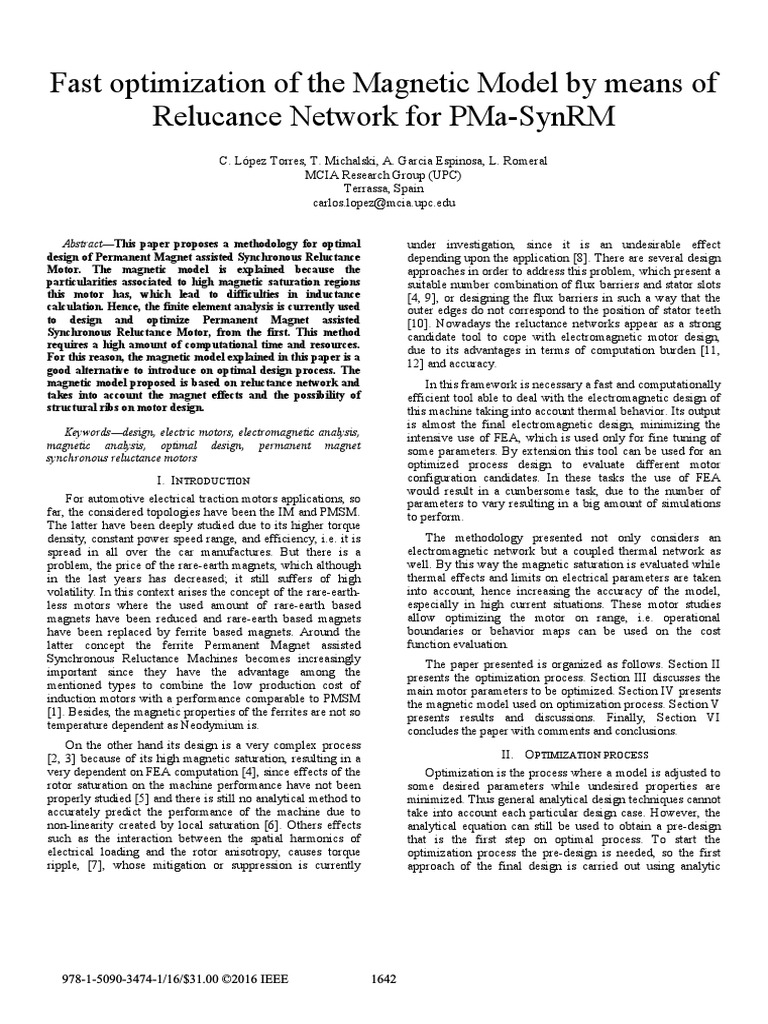 Fast Optimization Of The Magnetic Model By Means Of Reluctance Network For Pma Synrm Pdf