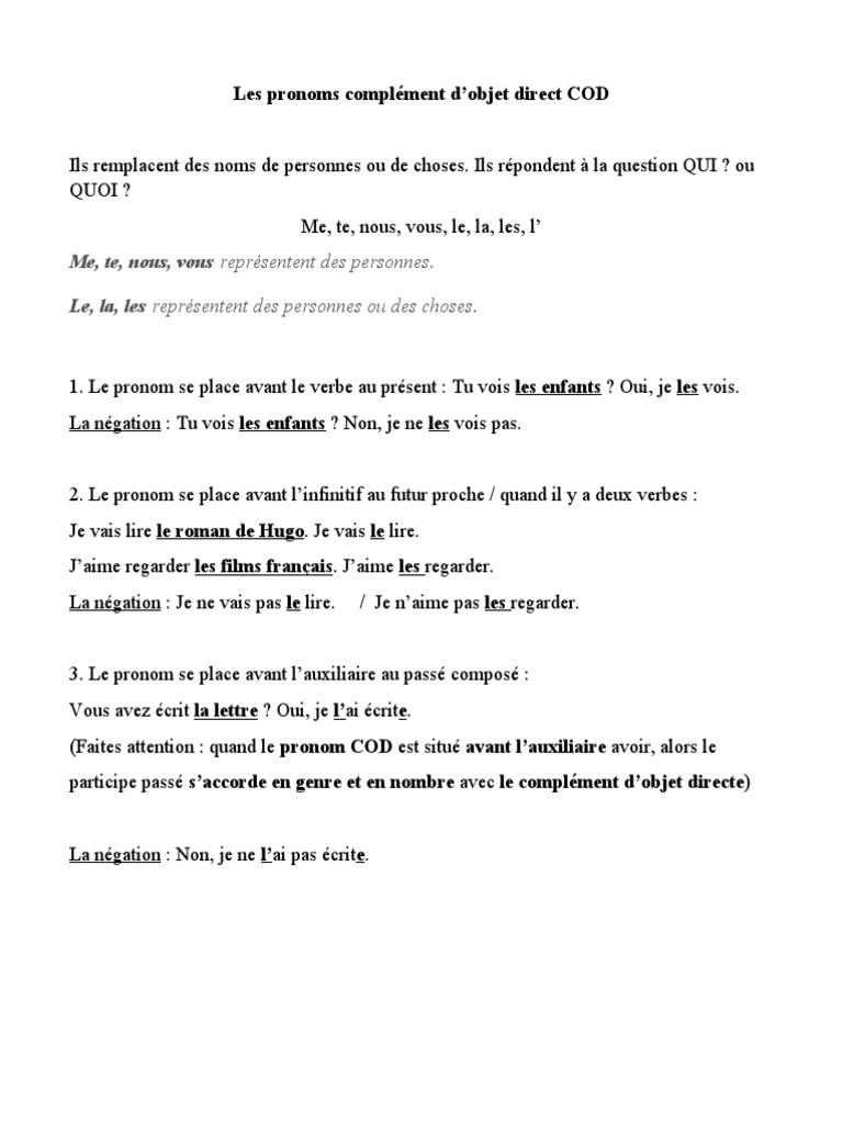 Pronoms COD et COI en français | PDF | Complément d'objet | Verbe