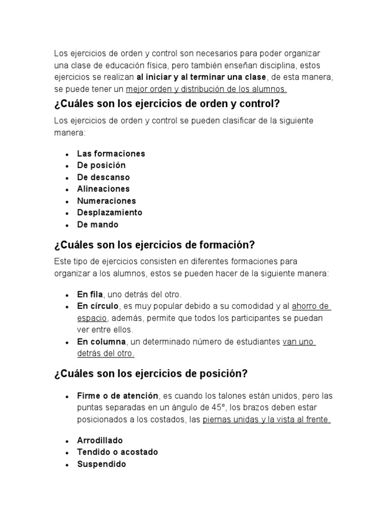 Ejercicios de Orden y Control en Educación Física | PDF | Codo
