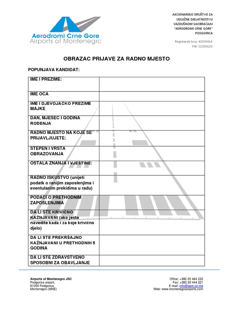 Obrazac Prijave Za Radno Mjesto | PDF