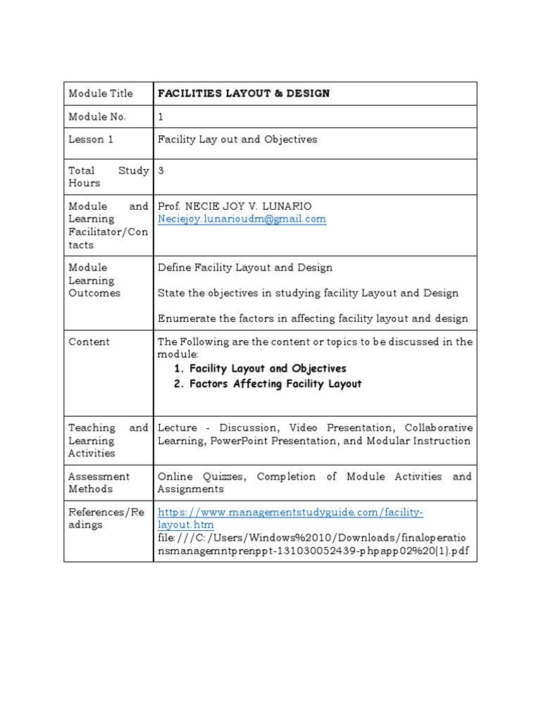 Module 1 - Objectives of Faciltity Layout and Design | PDF | Safety ...