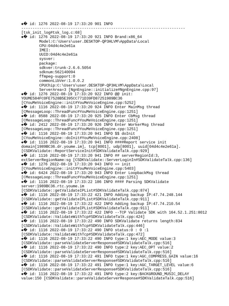 Initialization and configuration log from a voice communication SDK | PDF | Data Transmission ...