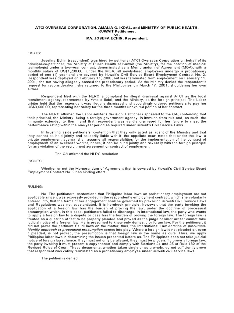 ATCI Vs Echin Case Digest | PDF | International Law | Employment