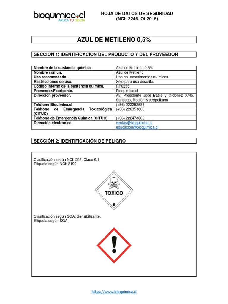 Hoja de Seguridad del Azul de Metileno | PDF | Agua | Toxicidad