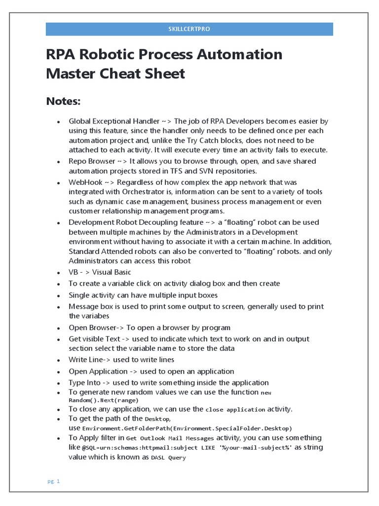 Rpa Robotic Process Automation Master Cheat Sheet Pdf Microsoft Excel Microsoft Outlook