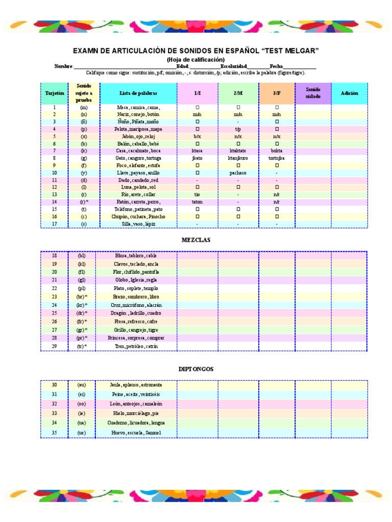 Test de Melgar corregidoEXAMEN DE ARTICULACIÓN DE SONIDOS EN ESPAÑOL | PDF