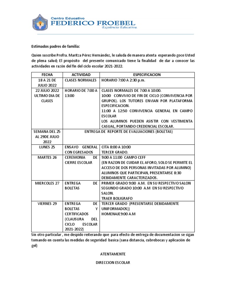 Circular Actividades de Fin de Ciclo Escolar 2021-2022 | PDF