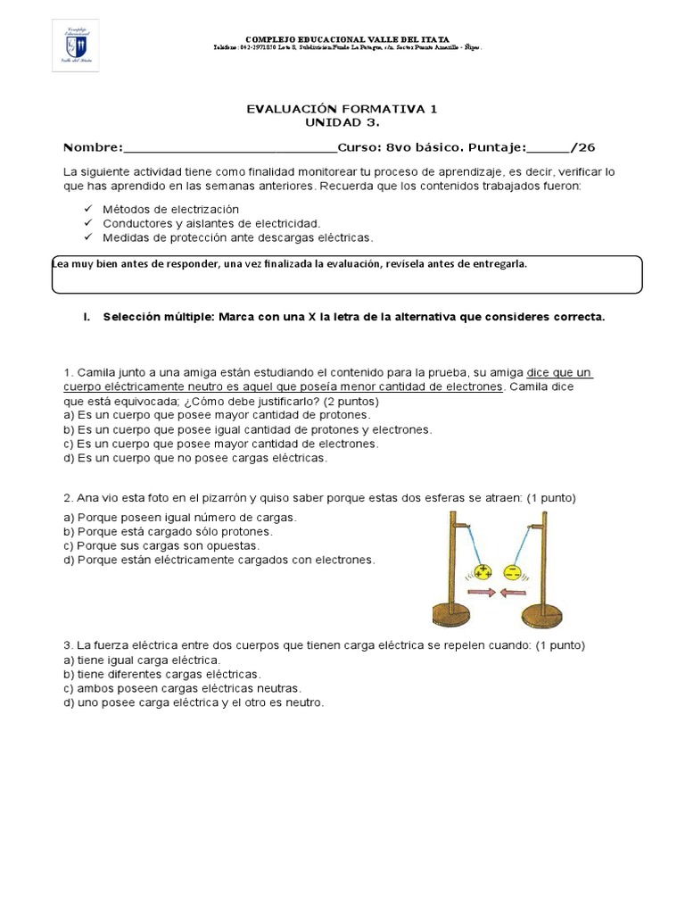 Ev Formativa Unidad 3 | PDF | Electricidad | Electrón