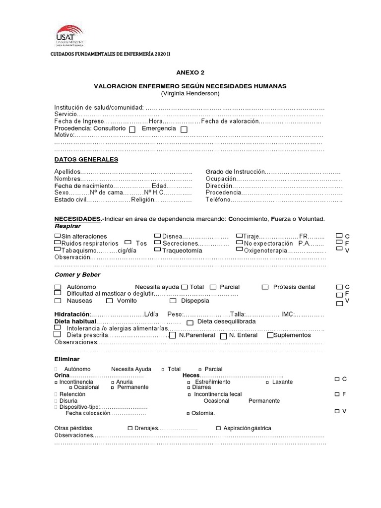 Hoja de Valoración Virginia Henderson | PDF | Enfermería | Medicina CLINICA