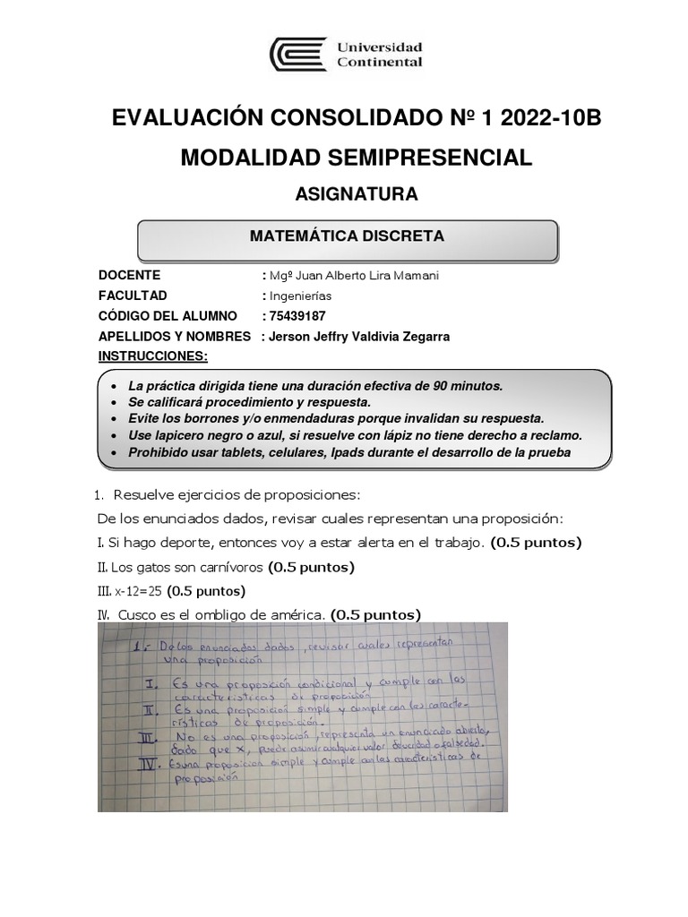 Evaluación Consolidado #1 Matemática Discreta 2022-10B FINAL | PDF | Proposición | Lógica