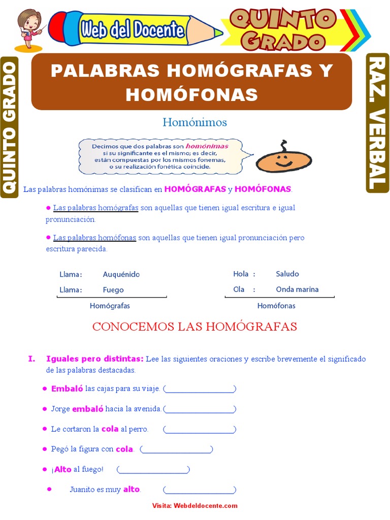 Ejercicios de Homógrafas y Homófonas | PDF | Artes del Lenguaje y ...