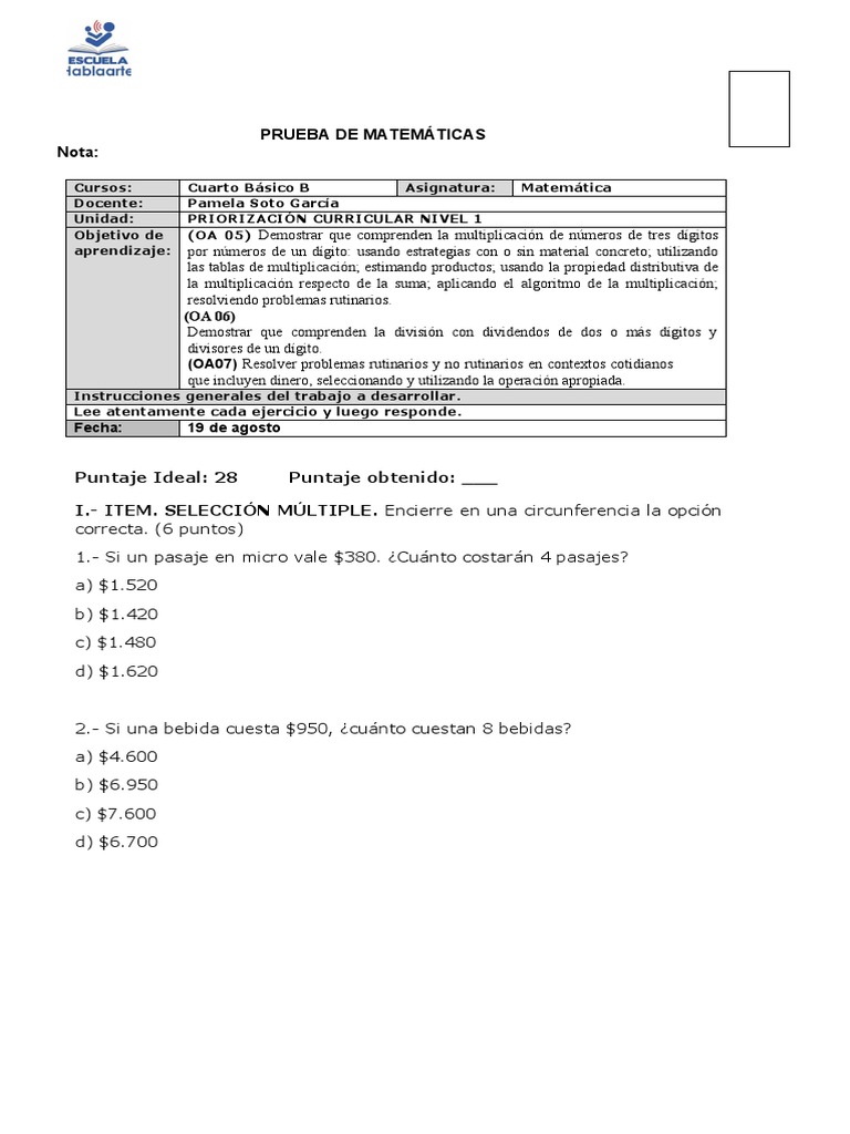 Prueba De Matemáticas 4° Basico Pdf Matemáticas Cognición 2133