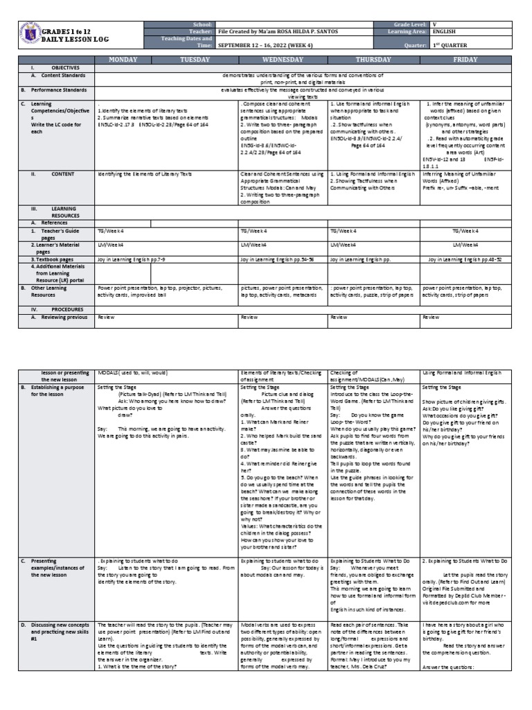 DLL - English 5 - Q1 - W4 | PDF | English Language | Reading Comprehension