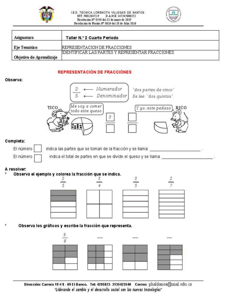 Taller de Matematica Representacion de Fracciones 4° Periodo | PDF