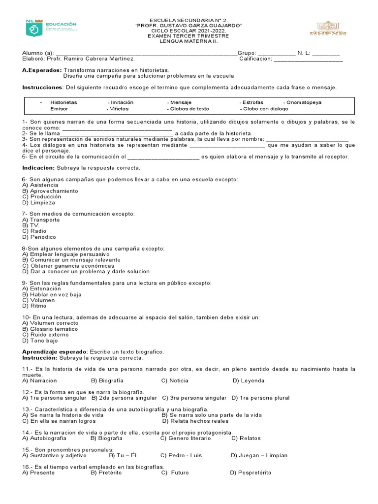 Examen Tercer Trimestre - Español 2. | PDF | Cómics | Comunicación