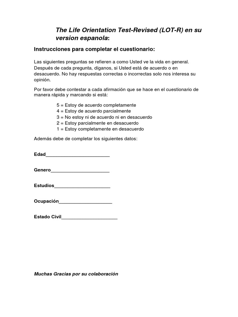 The Life Orientation Test Revised LOT R | PDF