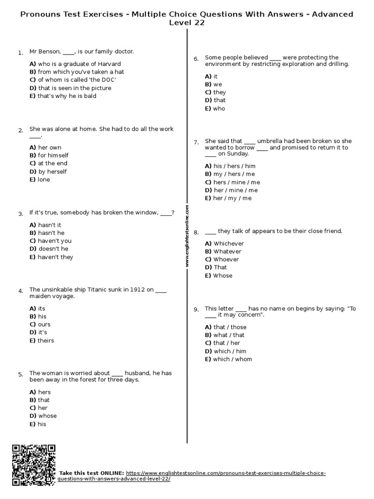 Pronouns MCQs with Answers - Advanced | PDF | Multiple Choice