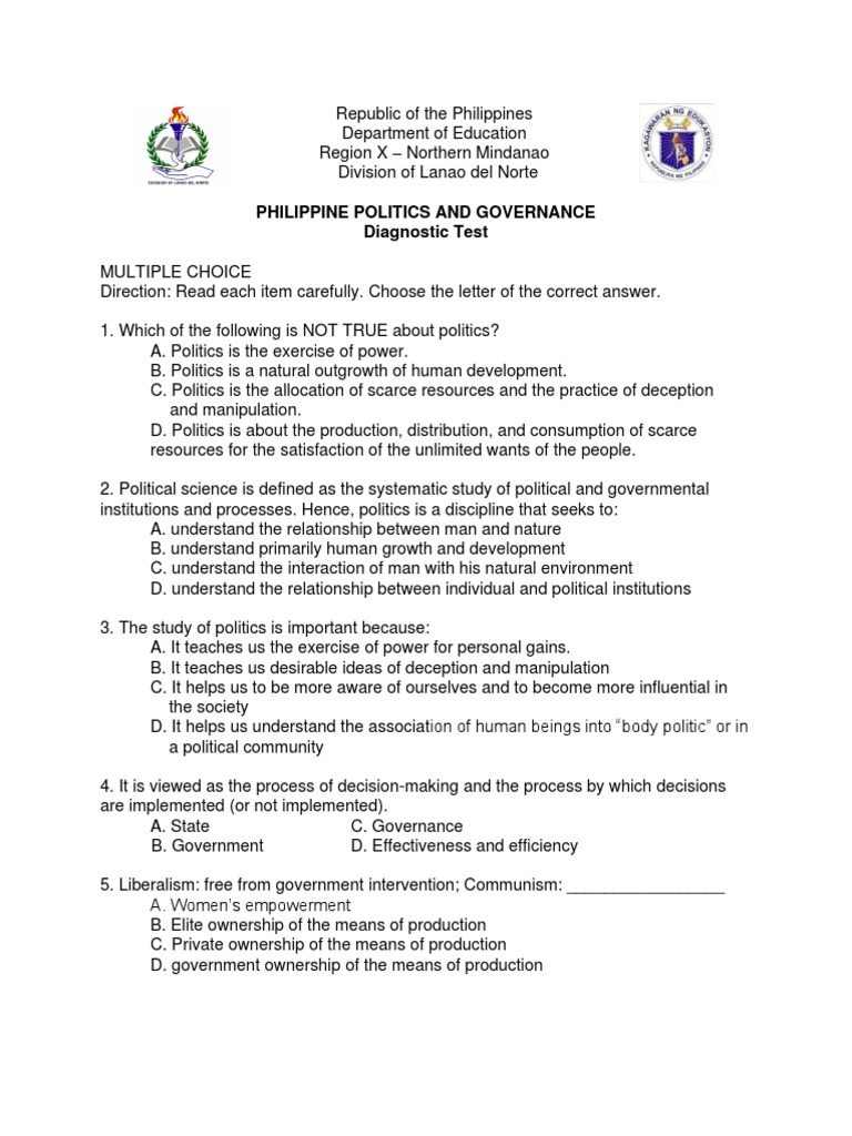 Diagnostic Test Phil - Politics | PDF | Ideologies | Citizenship