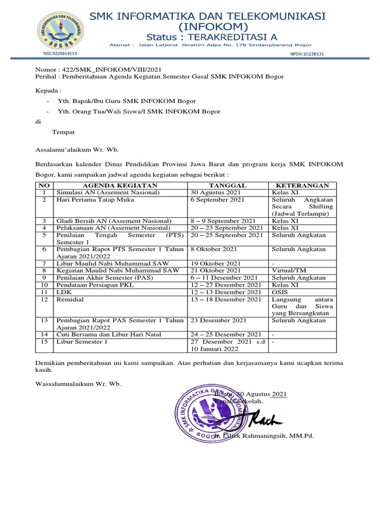Agenda Kegiatan Semester Gasal SMK Infokom 2021.2022 | PDF
