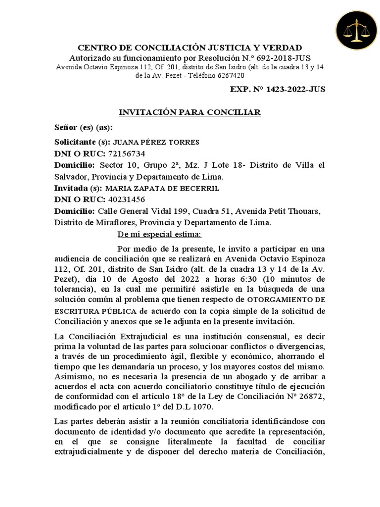 Centro de Conciliación Justicia y Verdad - Invitación A Conciliar | PDF