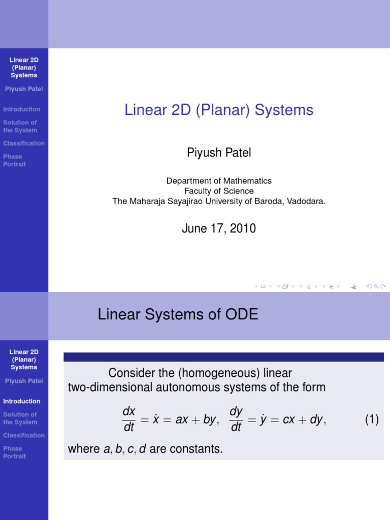 Linear Planar Sytems in ODE | PDF | Matrix (Mathematics) | Eigenvalues And Eigenvectors