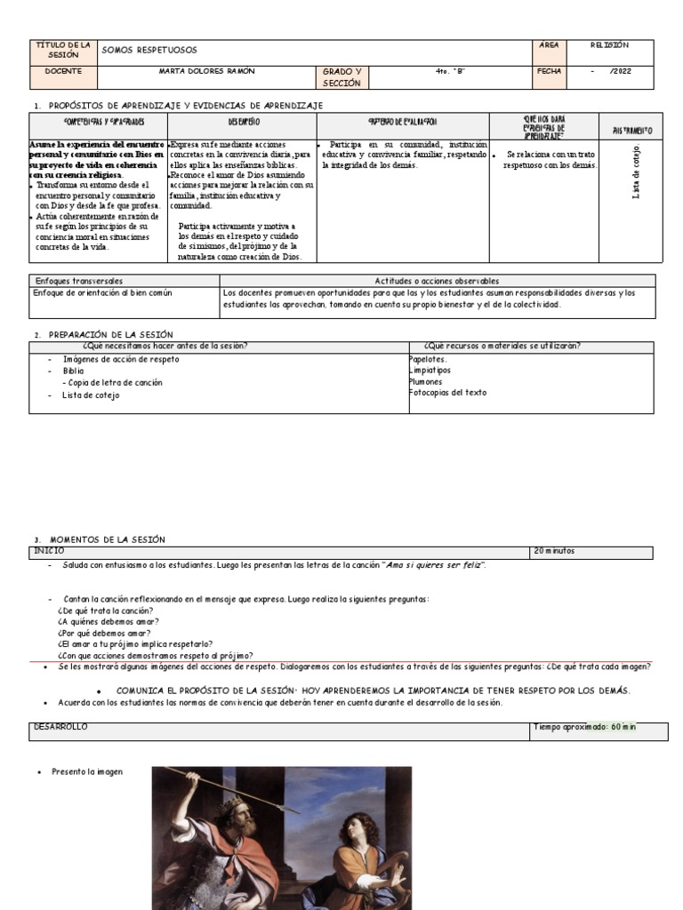 Sesión De Respeto Ed Religiosa Pdf David Aprendizaje