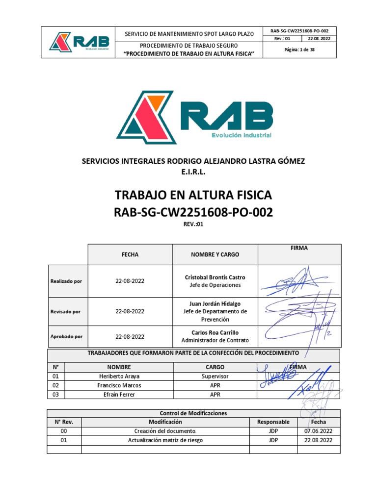 RAB-SG-CW2251608-PO-002 Trabajo en Altura Fisica Rev.01 | Descargar gratis PDF | Seguridad y ...