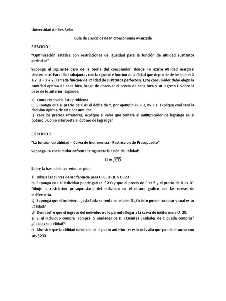 Guia de Ejercicios 1 - Micro Avanzada - UNAB | PDF | Utilidad | Ciencias económicas