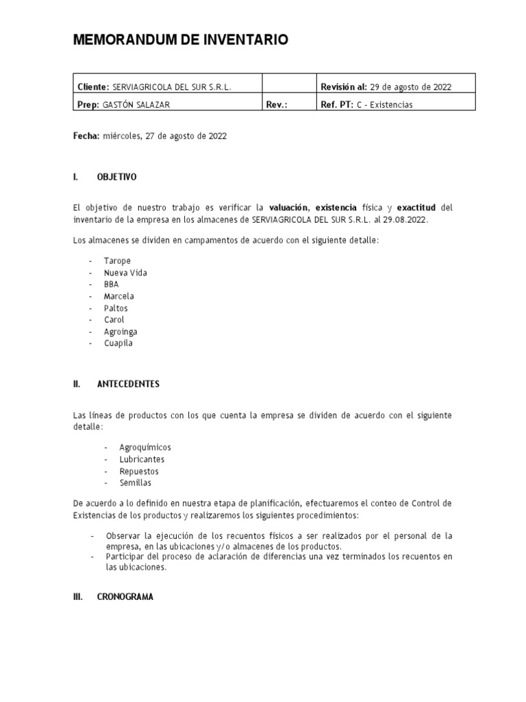 C-01.1 Memorandum de Inventarios | PDF | Inventario