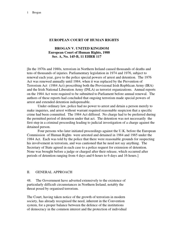 Case of Brogan v. The United Kingdom | PDF | Arrest | Detention ...