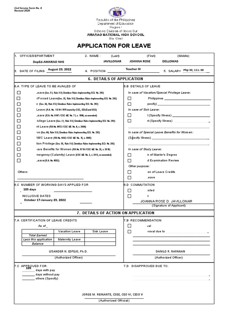 CS Form No. 6, Revised 2020 (Application For Leave) (Fillable) | PDF | Parental Leave | Employment