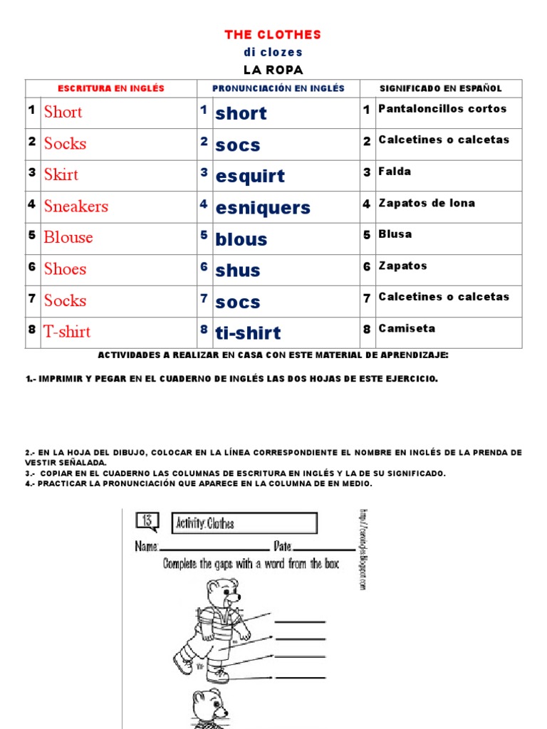 1st Ejercicio 17 Ropa Vocabulario | PDF
