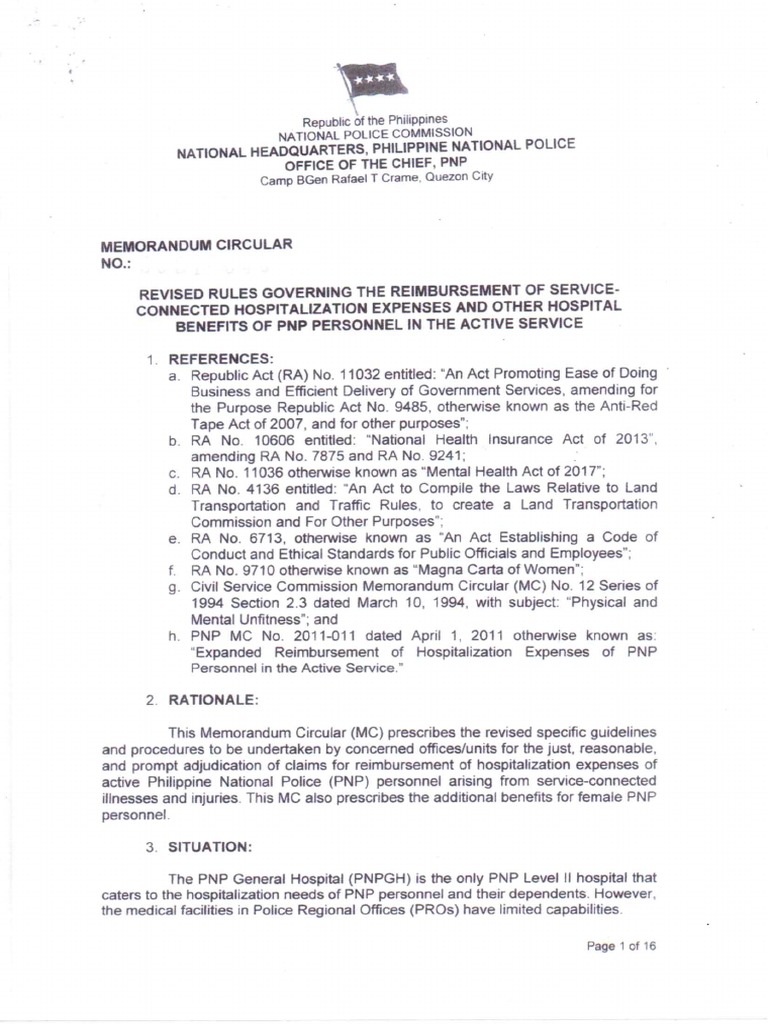 PNP Memorandum Circular NR 2021-040 Revised Rules Governing The Reimbursement of Service ...