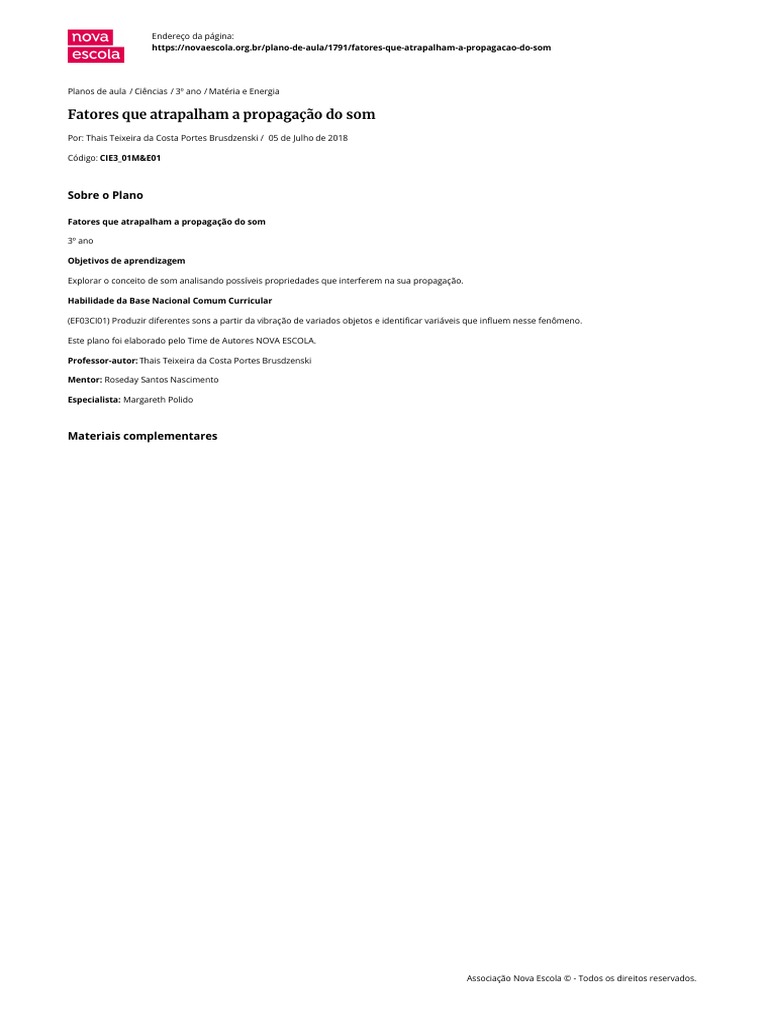 Plano de Aula Cie3 01me01 | PDF | Som | Tempo