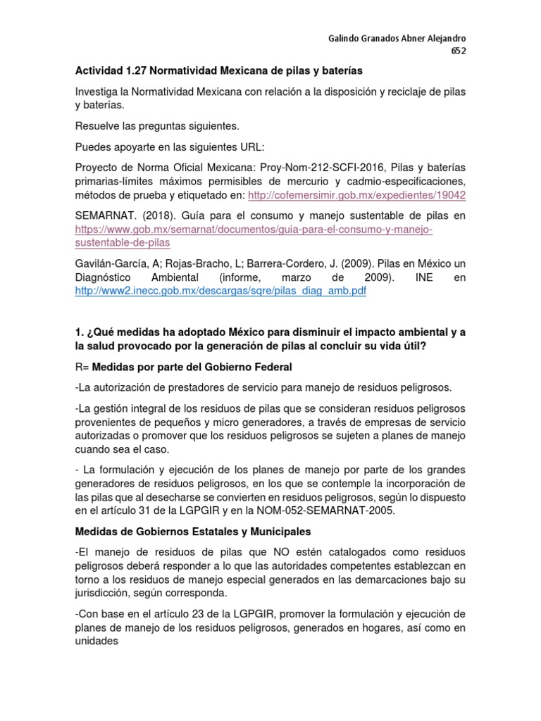 Actividad 1.27 Normatividad Mexicana de Pilas y Baterías: Galindo ...