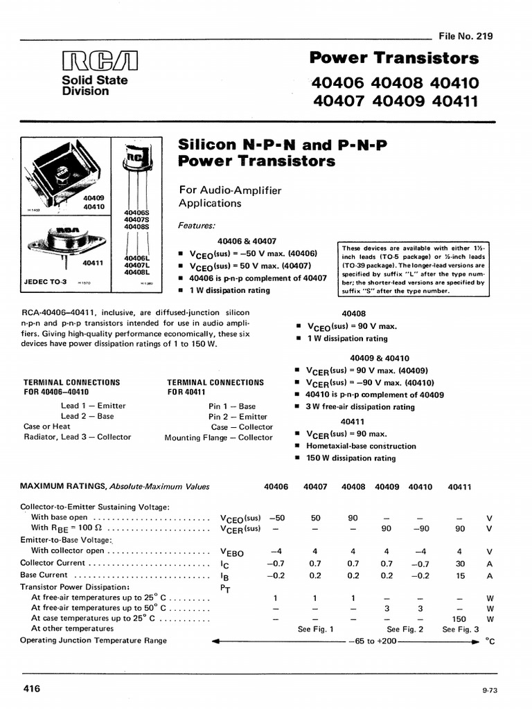 RCA Power Transistors 40406-40411 Datasheet | PDF | Transistor ...