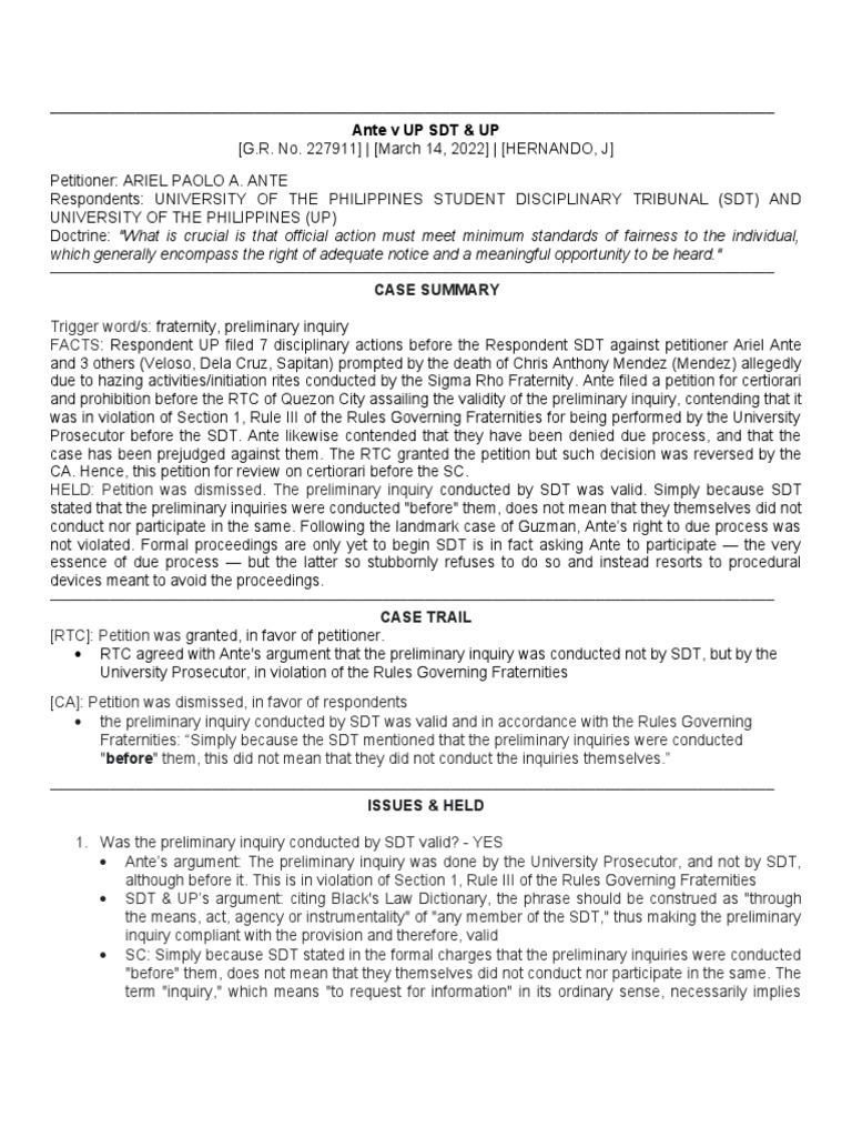 UP SDT vs. Ante: Disciplinary Inquiry Ruling | PDF | Burden Of Proof ...