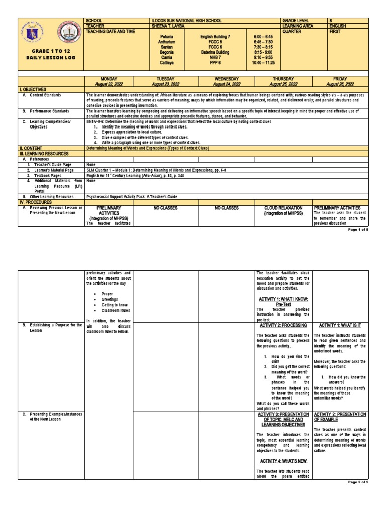 DLL-Q1-W1 - Noting Context Clues | PDF | Teachers | Learning