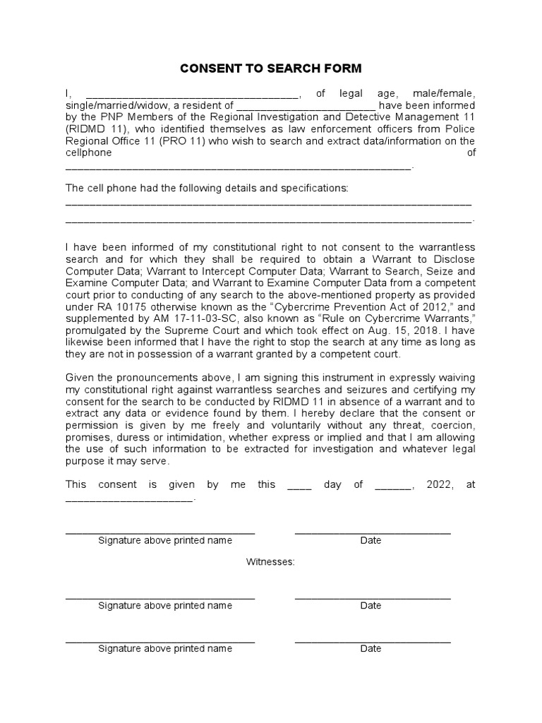 Consent to Search Form for Cellphone | PDF | Search Warrant | Consent