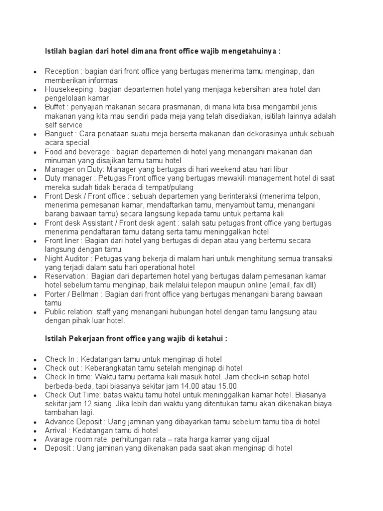Istilah Bagian Dari Hotel Dimana Front Office Wajib Mengetahuinya | PDF
