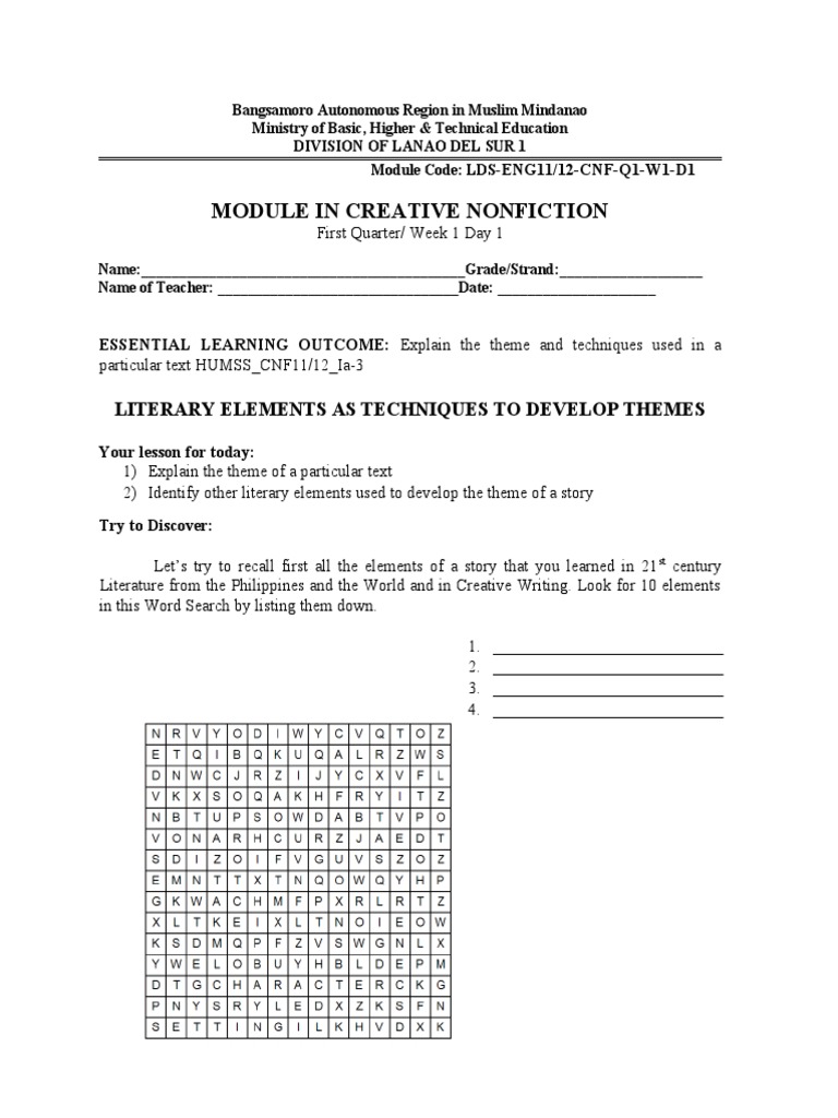 Module in Creative Nonfiction: Literary Elements As Techniques To Develop Themes | PDF | Plot ...