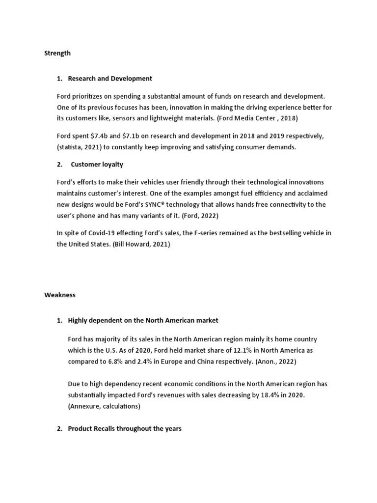SWOT Analysis Ford | PDF | Ford Motor Company | Research And Development